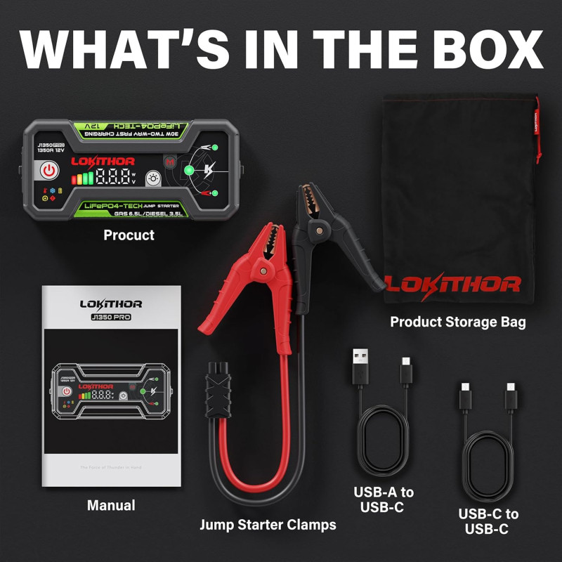 Arrancador 1350A 3 en 1, luz, USB, Marca Lokithor